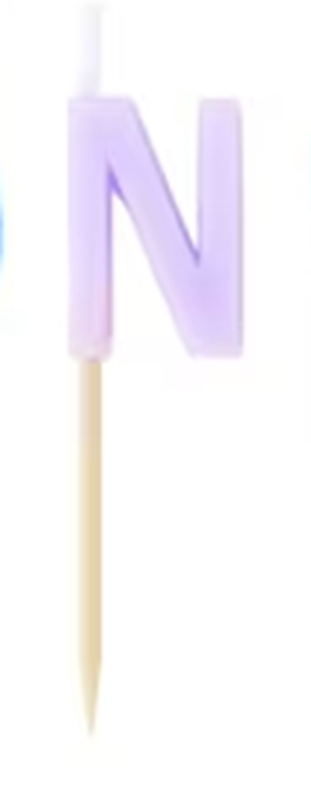 Alphabet or numeral candle on wooden pick Letter N Lilac - Kiwicakes