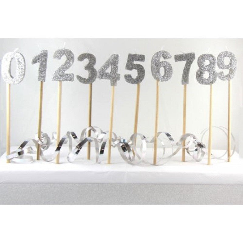 Long wooden pick candle Number 6 Silver Glitter - Kiwicakes