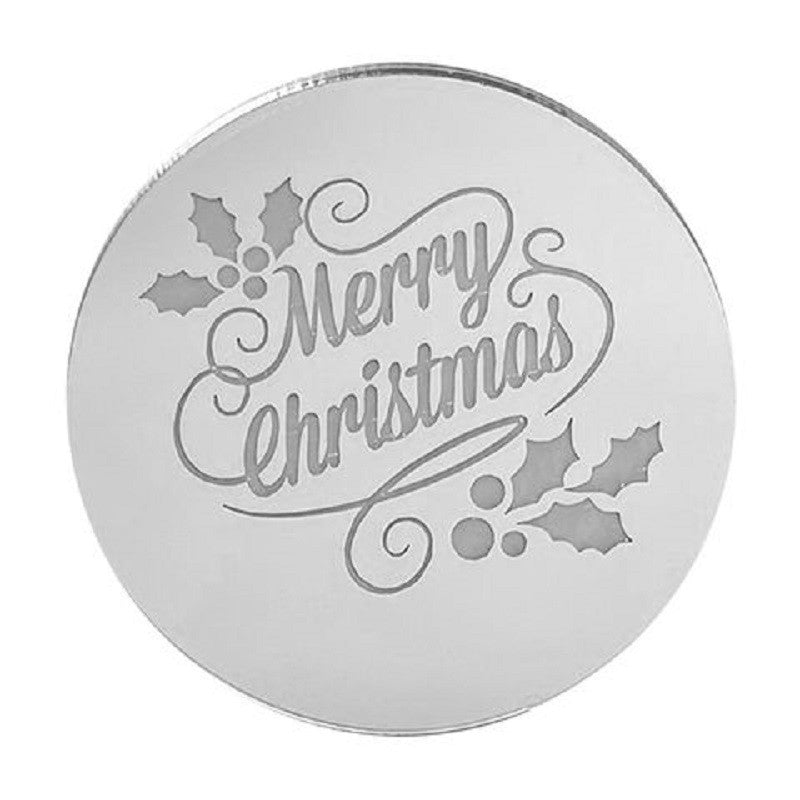 Merry Christmas Style 2 ROUND MIRROR TOPPER Silver - Kiwicakes